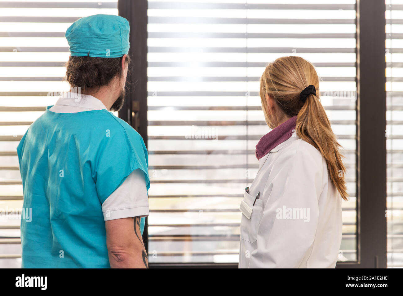 two doctors or nurses in front of a window are looking out Stock Photo ...