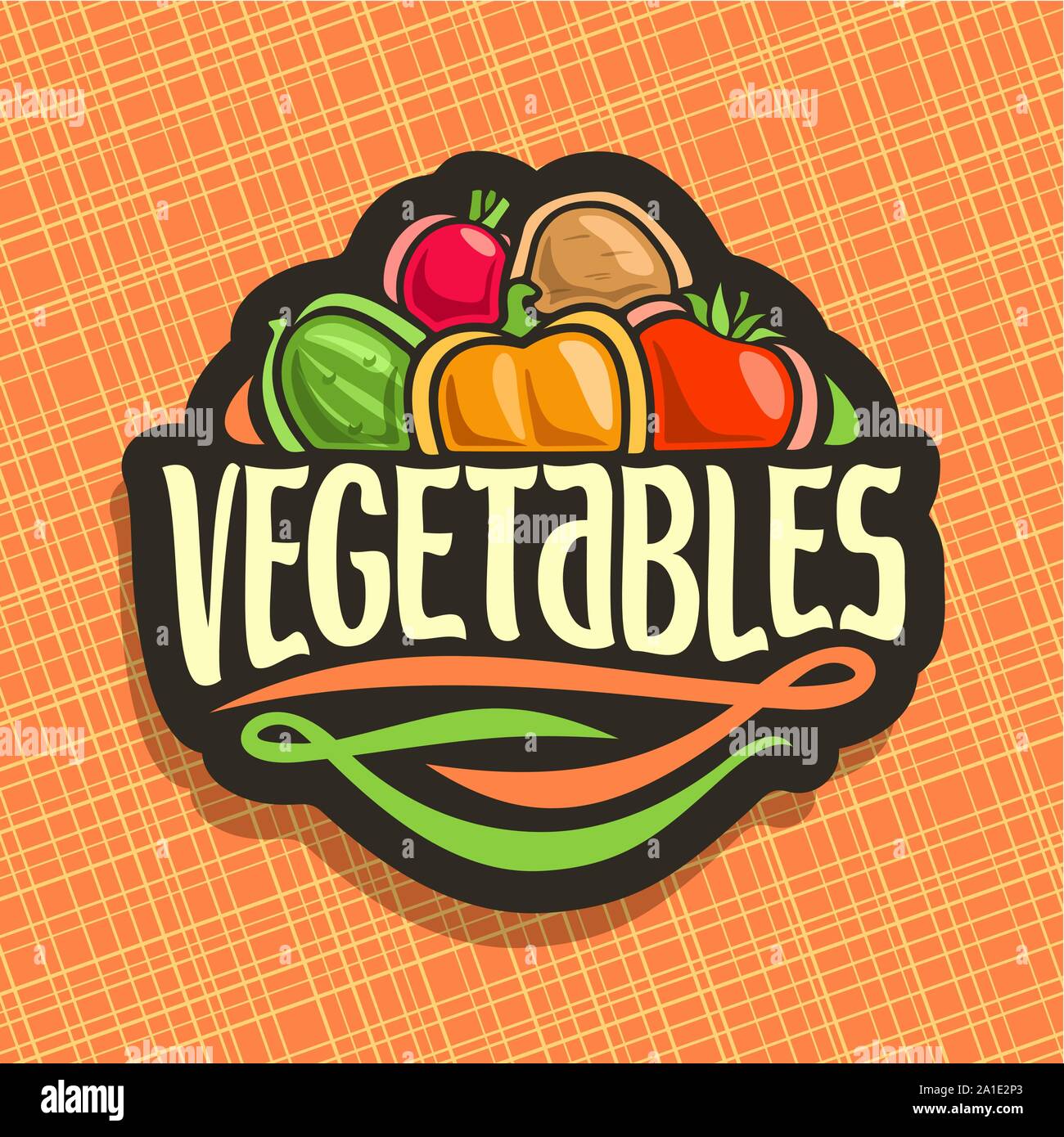 Vector logo for fresh Vegetables: sign with raw potato, cucumber, sweet ...