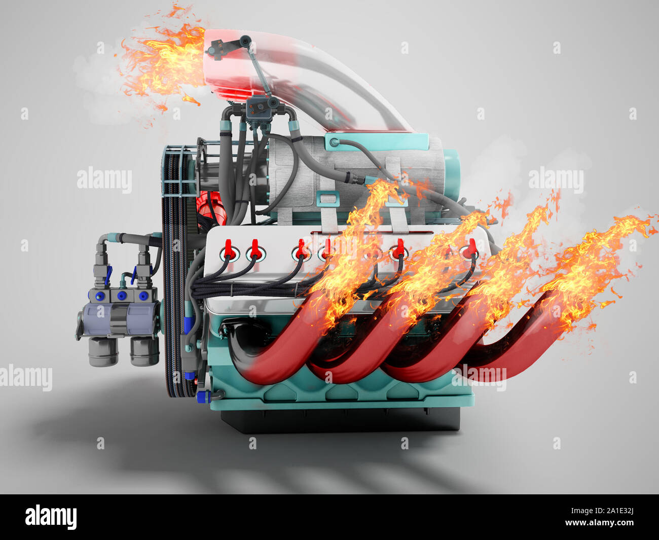 Modern powerful internal combustion engine with flame emissions side ...