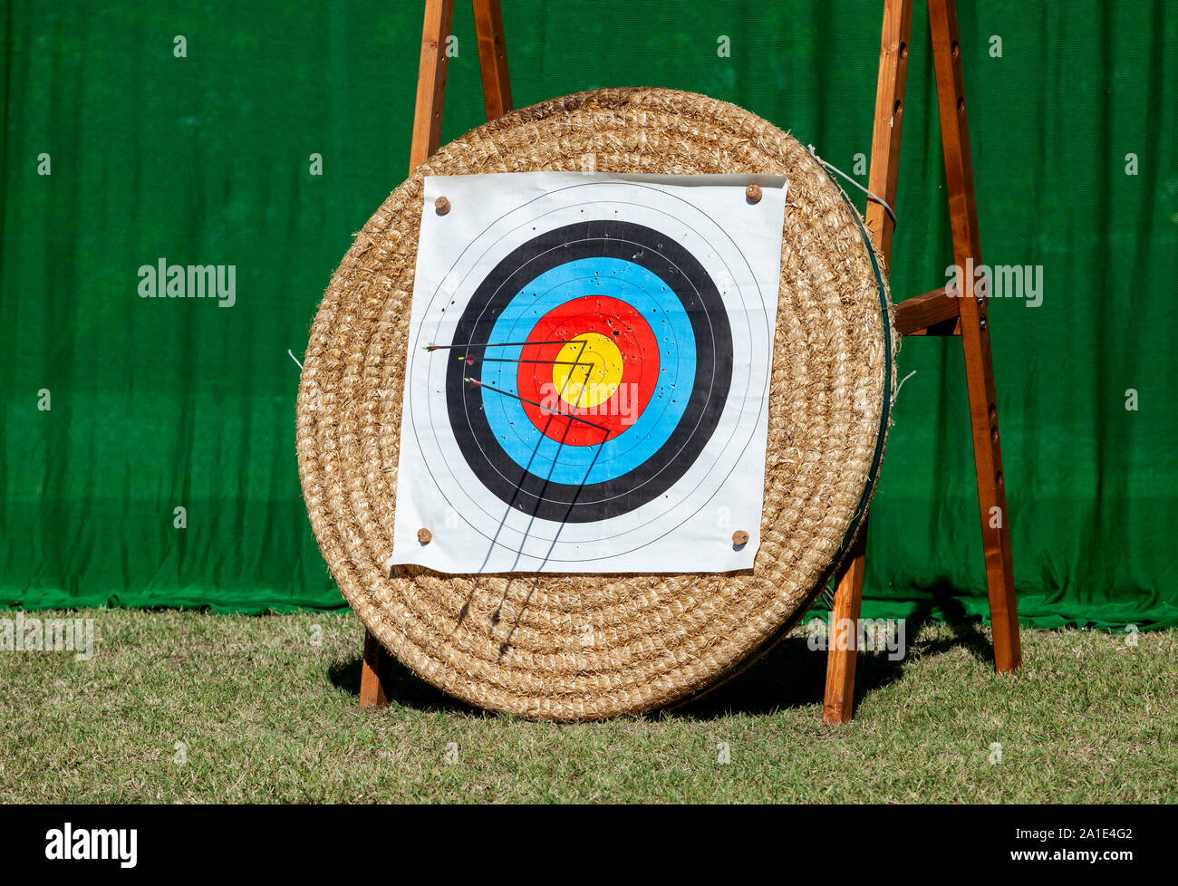 View of archery targets with arrows sticking in a competition Stock ...