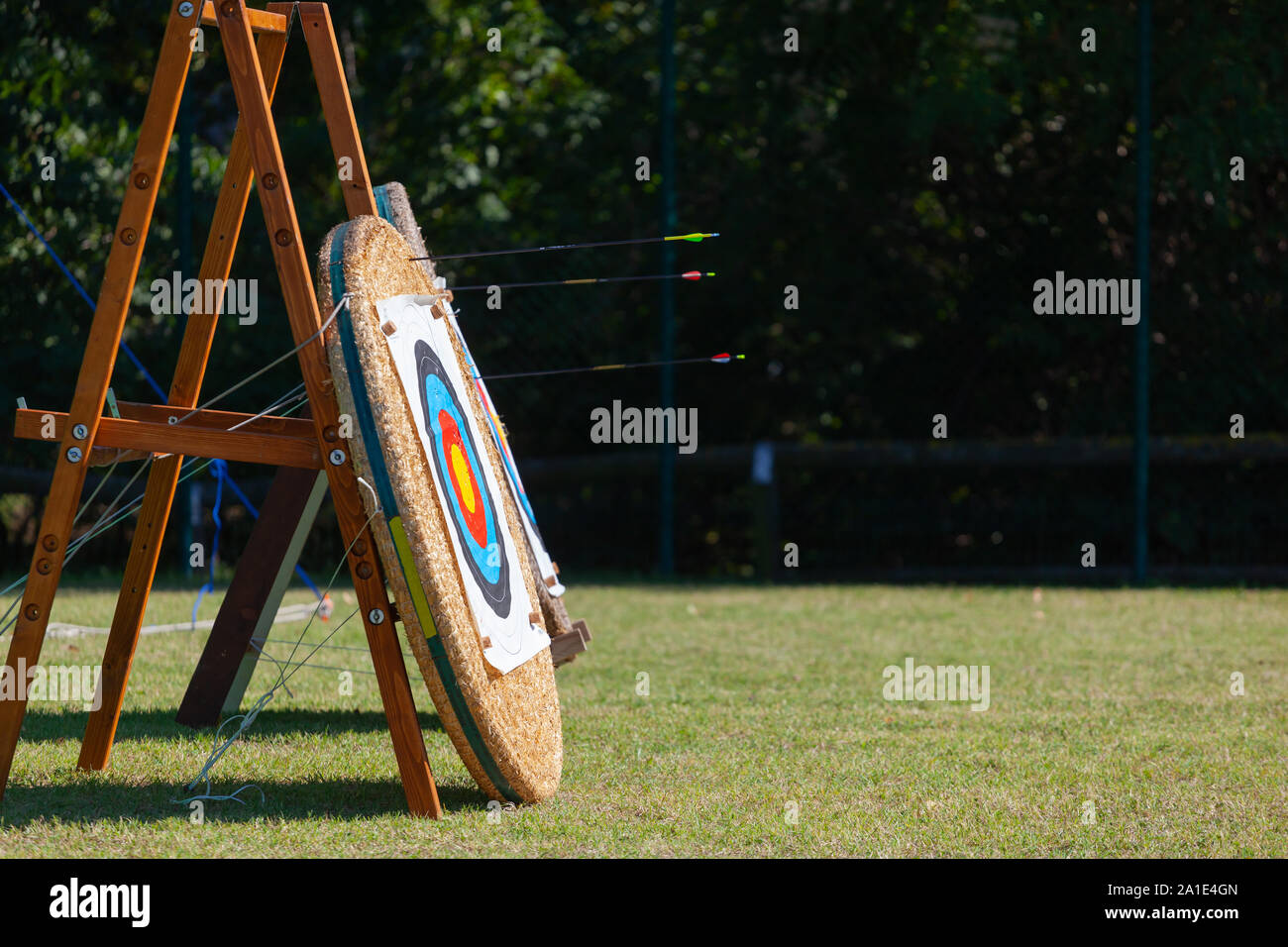 View of archery targets with arrows sticking in a competition Stock ...