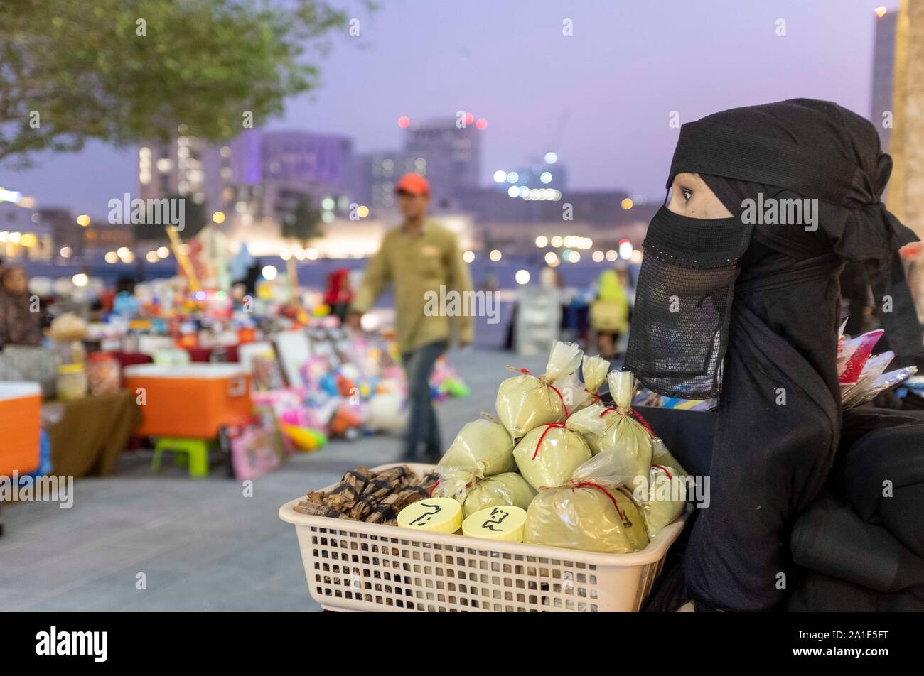 Sale of Niqab cover-ups at the traditional market Souq Waqif in Doha ...