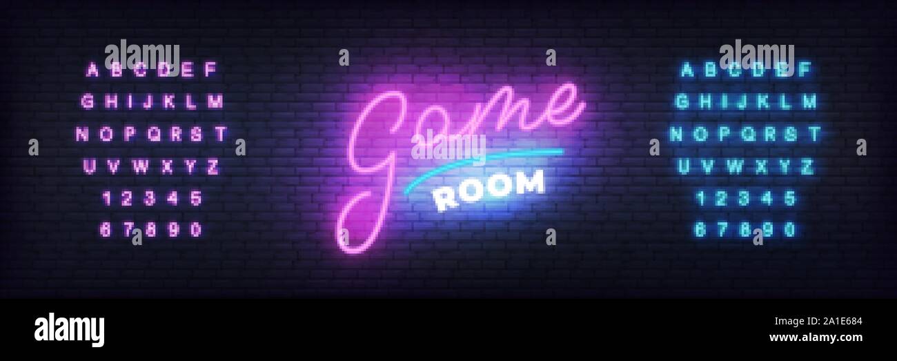 Game room neon template. Glowing lettering for gamer club Stock Vector ...