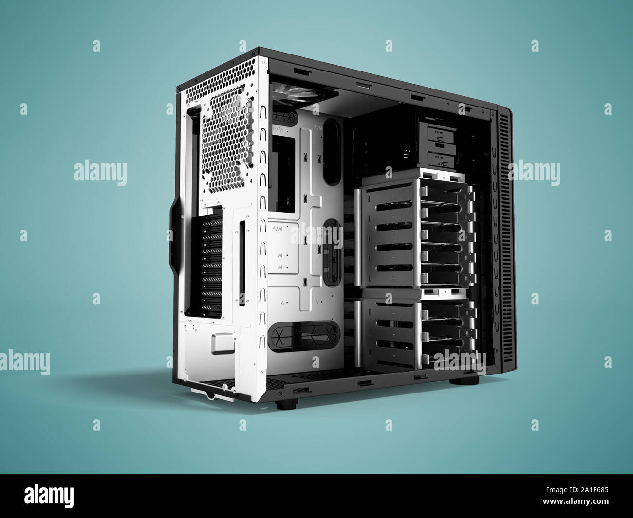 System unit of a personal computer black metal empty 3d render on blue ...