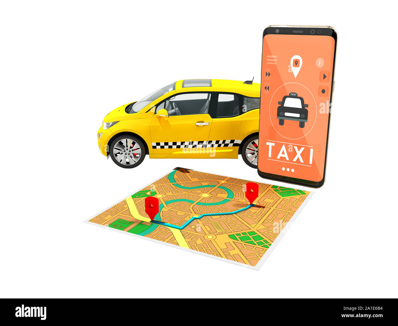 Taxi electric yellow with a call on the smartphone with a map route map ...