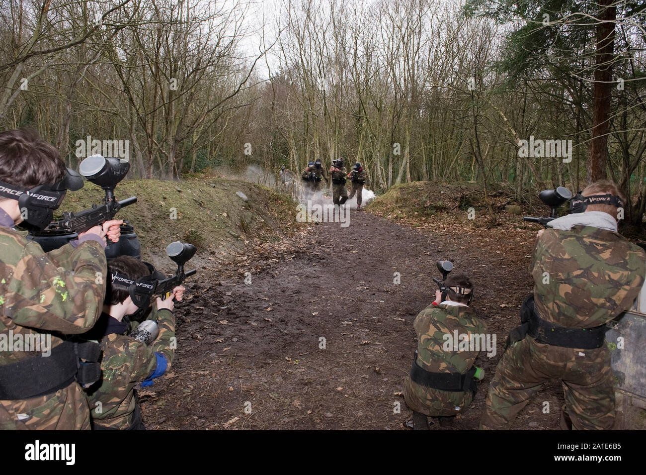 Paint ball in North Wales, Bear Grylls Stock Photo - Alamy