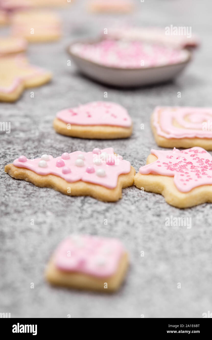 Sugar bakery, christmas cookies with pink royal icing, frosting and ...