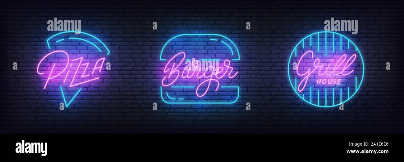Fast food Pizza, Burger and Grill neon sign. Glowing food lettering ...