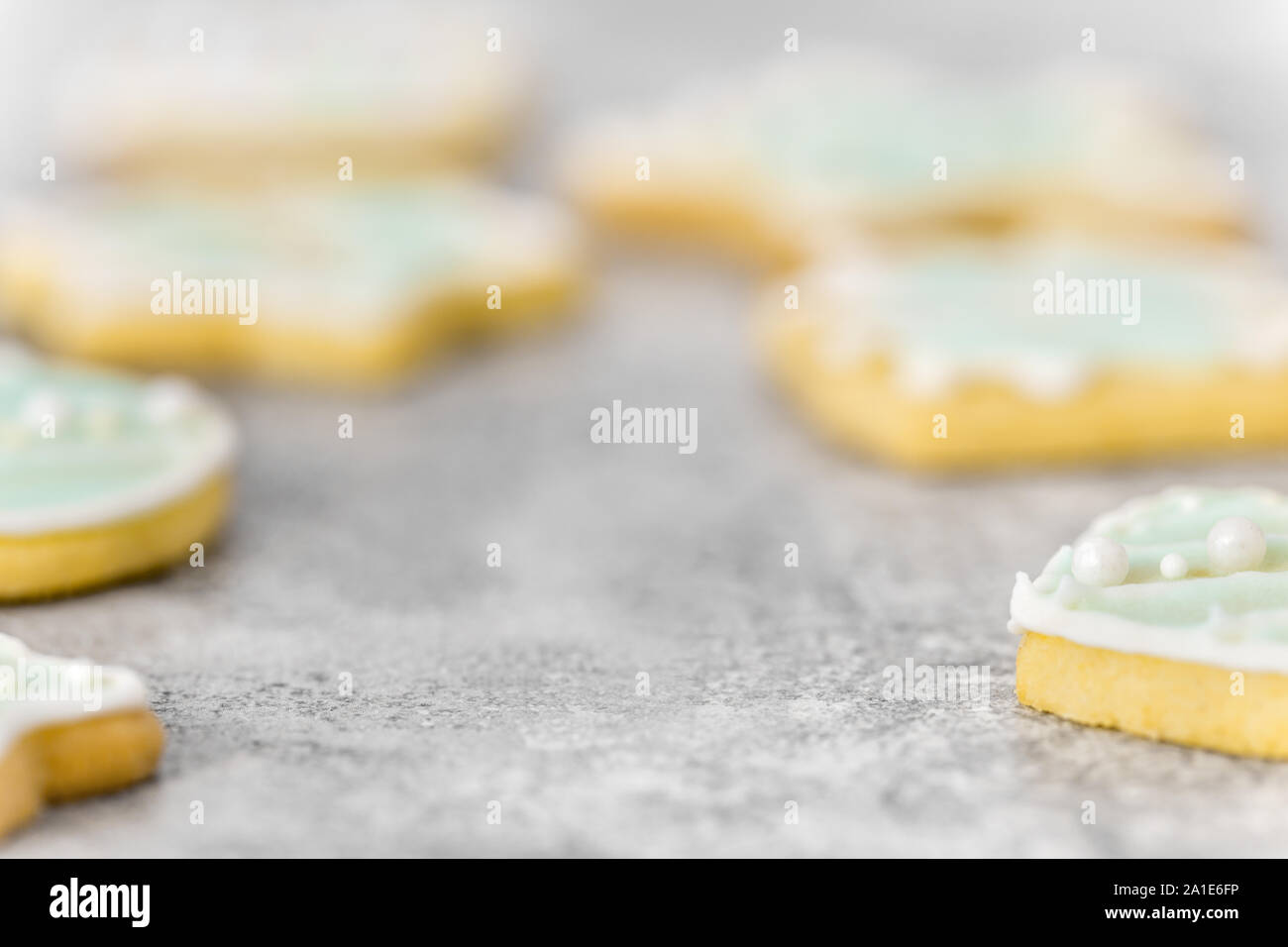 Delicious cookies with light blue frosting and icing, copyspace Stock ...
