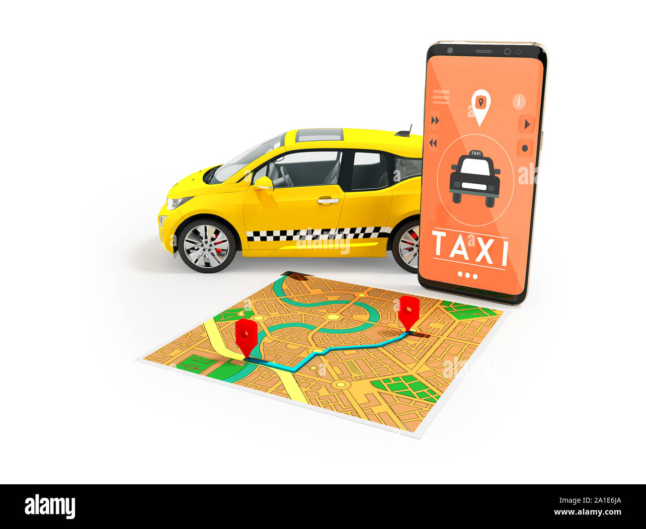 Taxi electric yellow with a call on the smartphone with a map route map ...