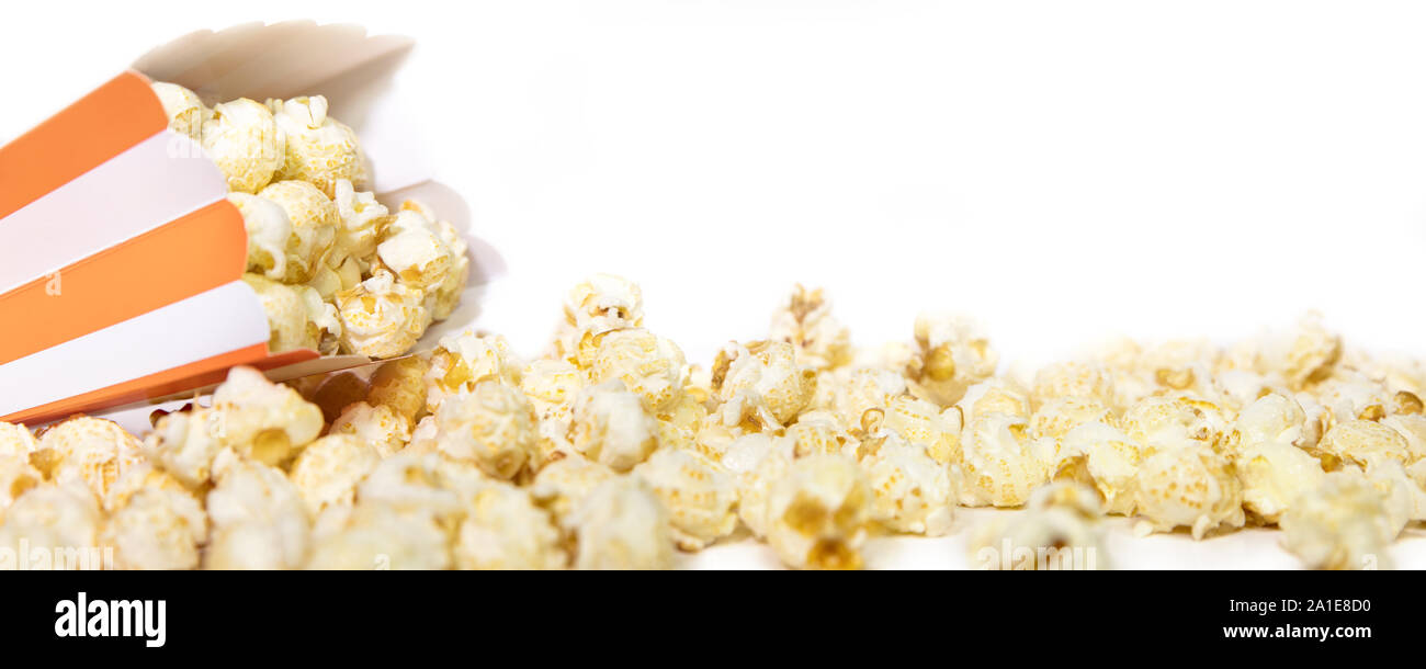 Panorama, striped orange Popcorn box in front of white, copyspace Stock ...