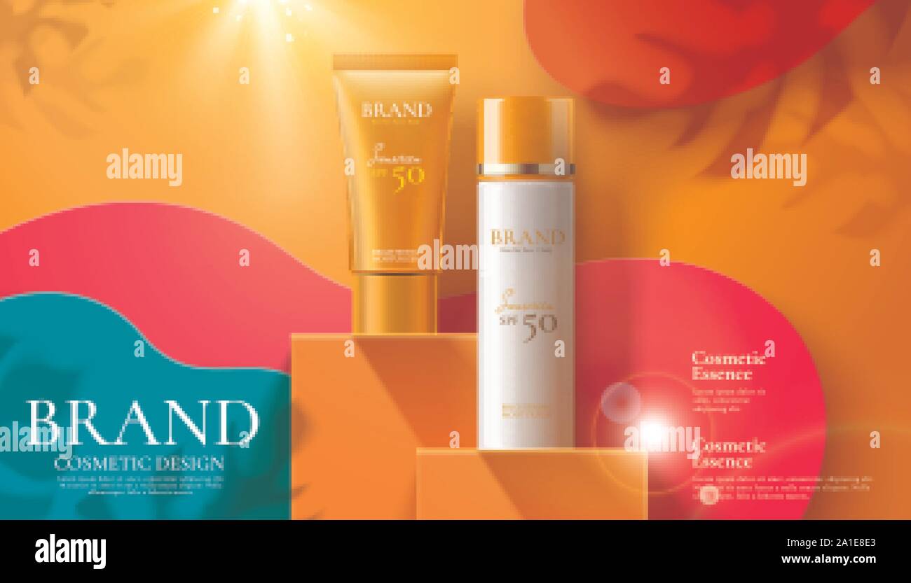 Sunscreen product ads on orange square podium and paper art background ...