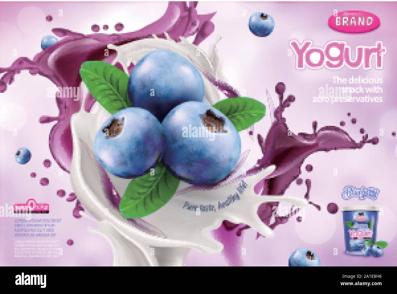 Blueberry yogurt ads with splashing sauce on purple background in 3d ...