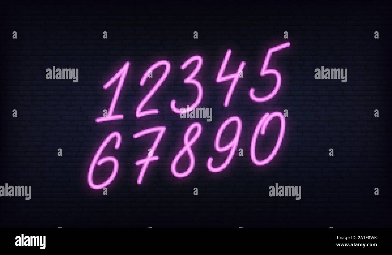Neon number characters set. Glowing neon hand lettering numbers in a ...
