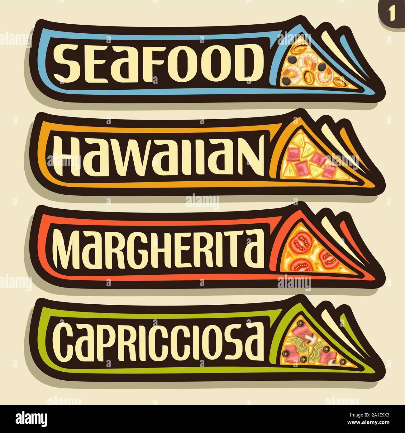 Vector set labels for italian Pizza: 4 horizontal stickers for pizzeria ...