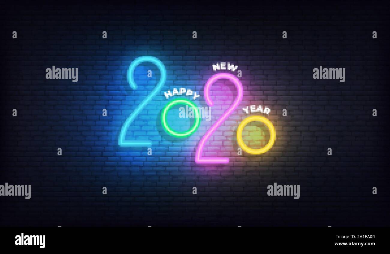 2020 New Year neon sign. Glowing 2020 Happy New Year typography design ...