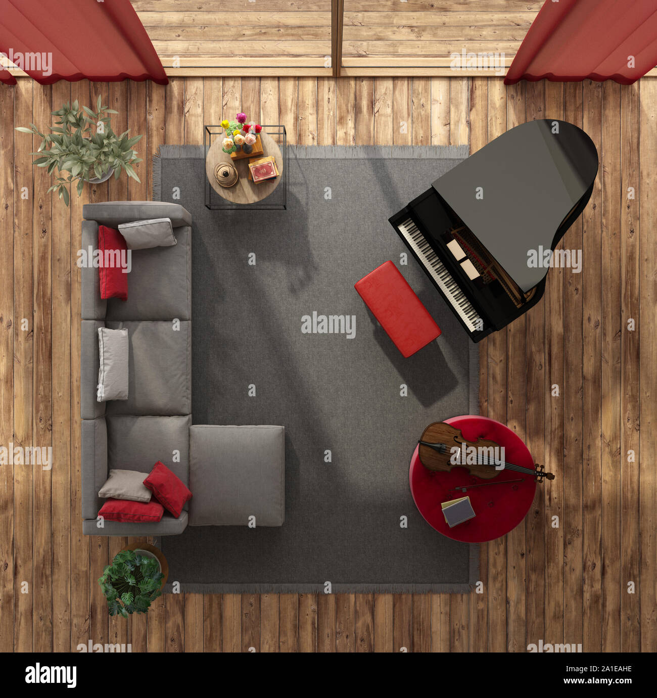 Top view of a modern living room with sofa, grand piano and cello - 3d ...