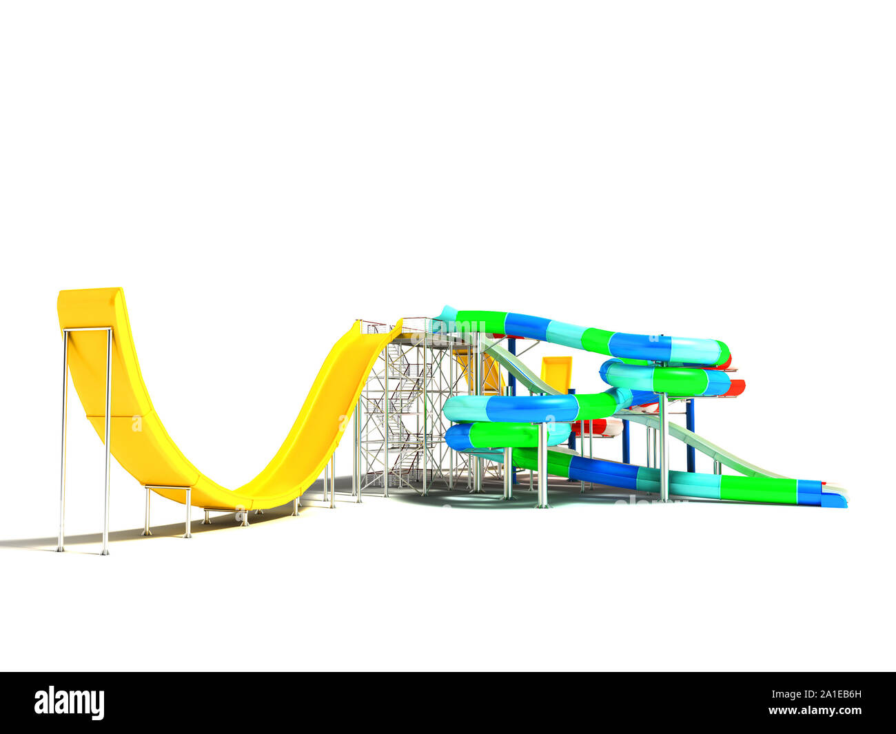Modern water slides and attractions with five slides on the right 3d ...