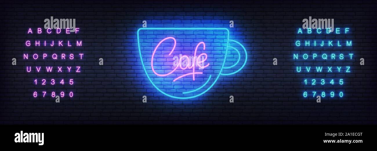Cafe neon vector template. Glowing bright lettering sign for coffee ...