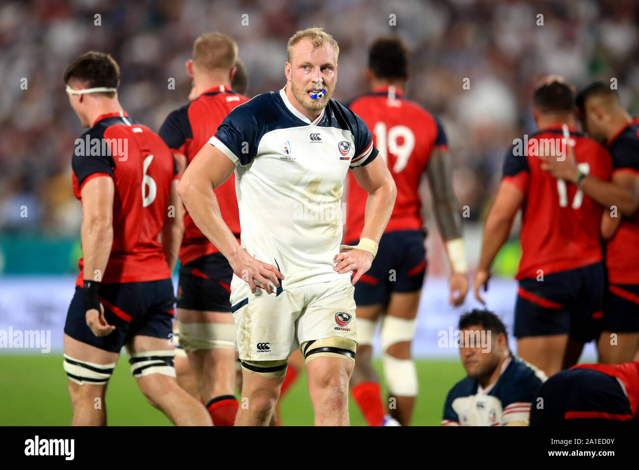 USA's Ben Landry apppears dejected during the 2019 Rugby World Cup match at the Kobe Misaki ...