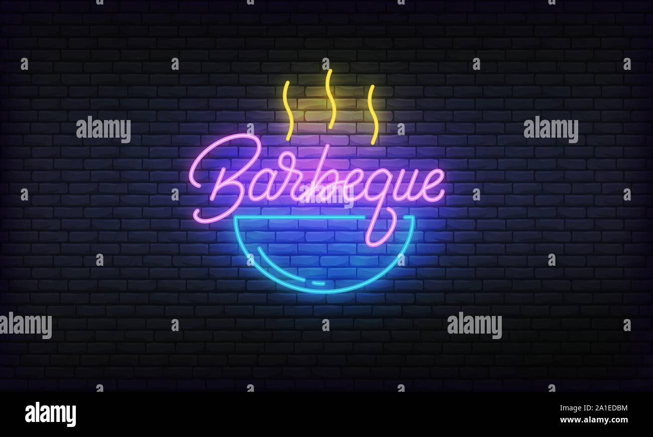 Barbeque neon glowing sign. Bright vector label of Barbeque and ...