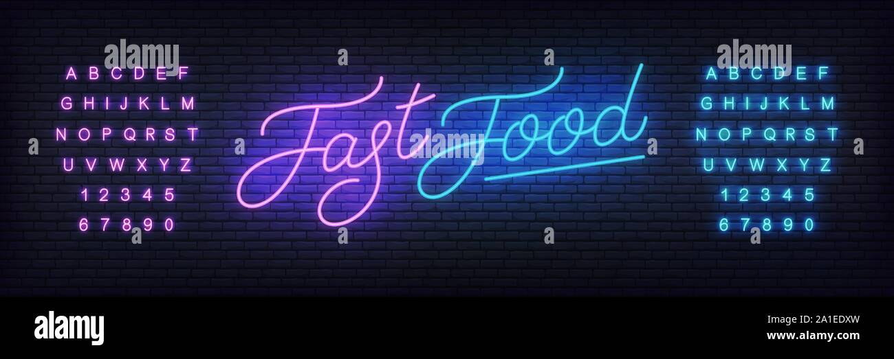 Fast food neon vector template. Glowing night bright lettering sign for ...