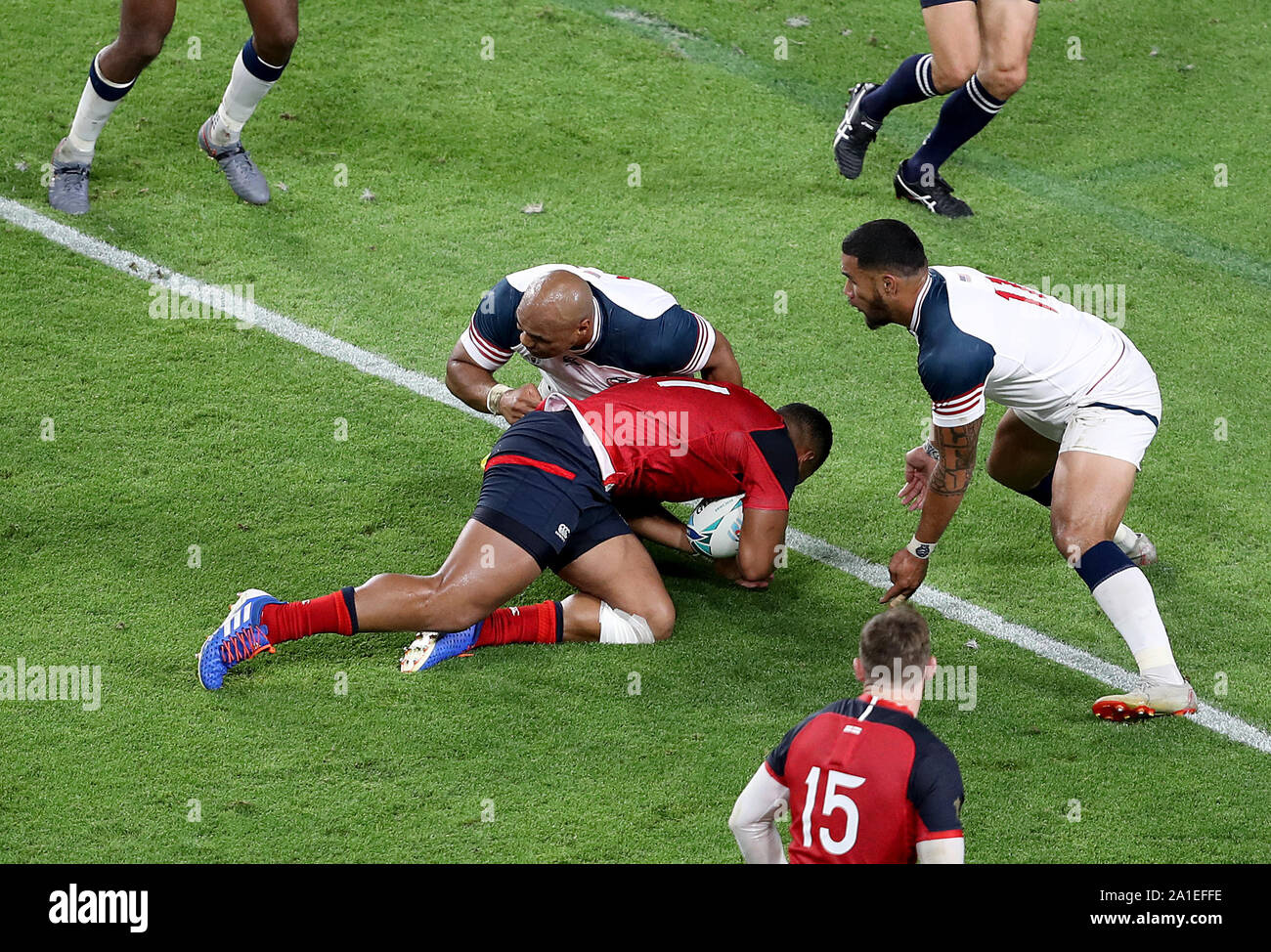 England's Joe Cokanasiga scores his side's fourth try during the 2019 ...
