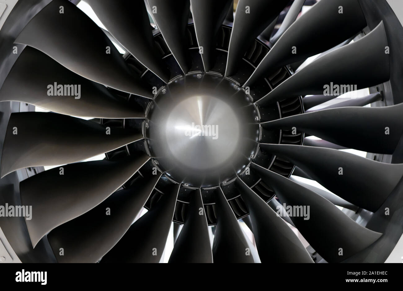 Turbine Blades. Close-up of a large jet engine turbine blades Stock ...