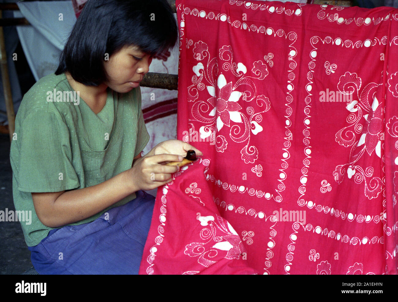 Making batik tulis with a canting, Yogyakarta, Java, 1989 Stock Photo ...