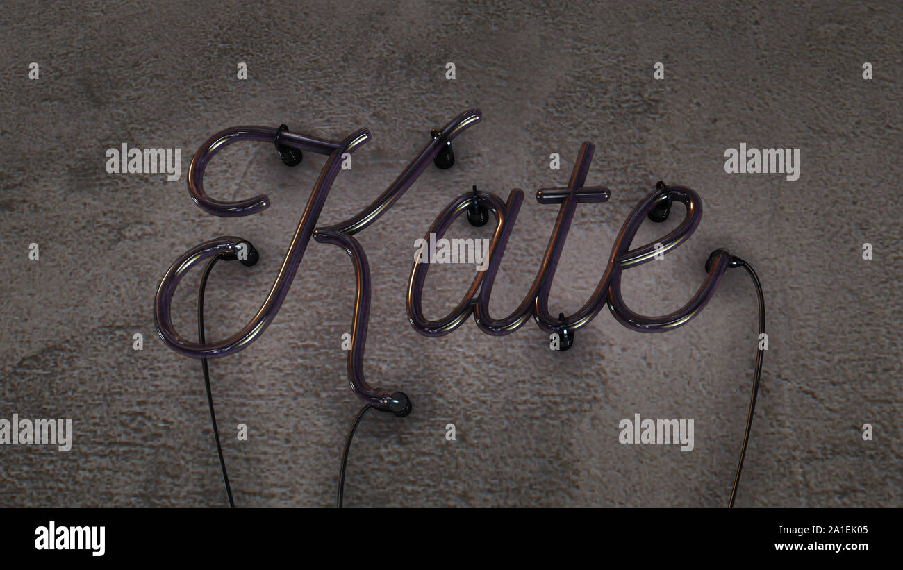 Neon sign spelling the girls name of Kate, on a concrete grunge ...