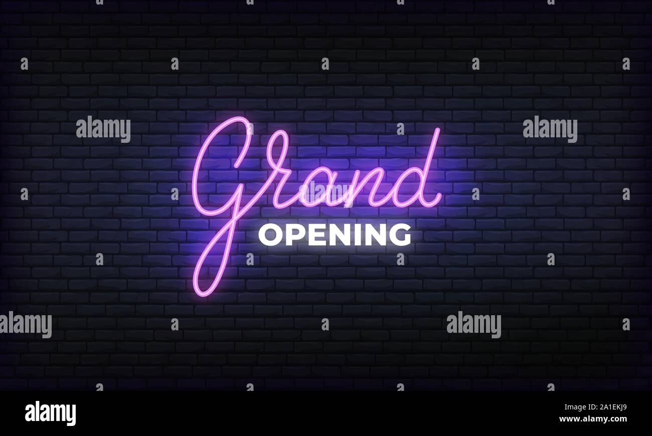 Grand opening neon banner vector template. Glowing night bright ...