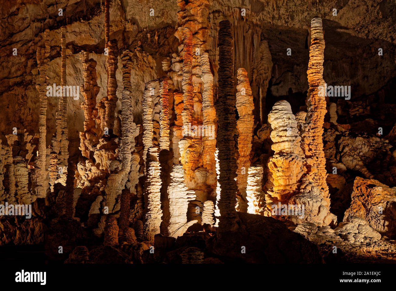 Stalagmites into the huge cavern of Orgnac Aven Stock Photo - Alamy