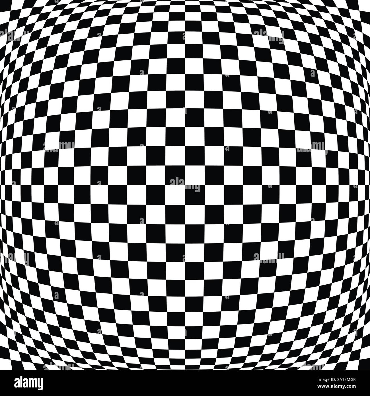 3d bulging, convex, globular, protuberant distortion, deformation on checkered, black and white ...