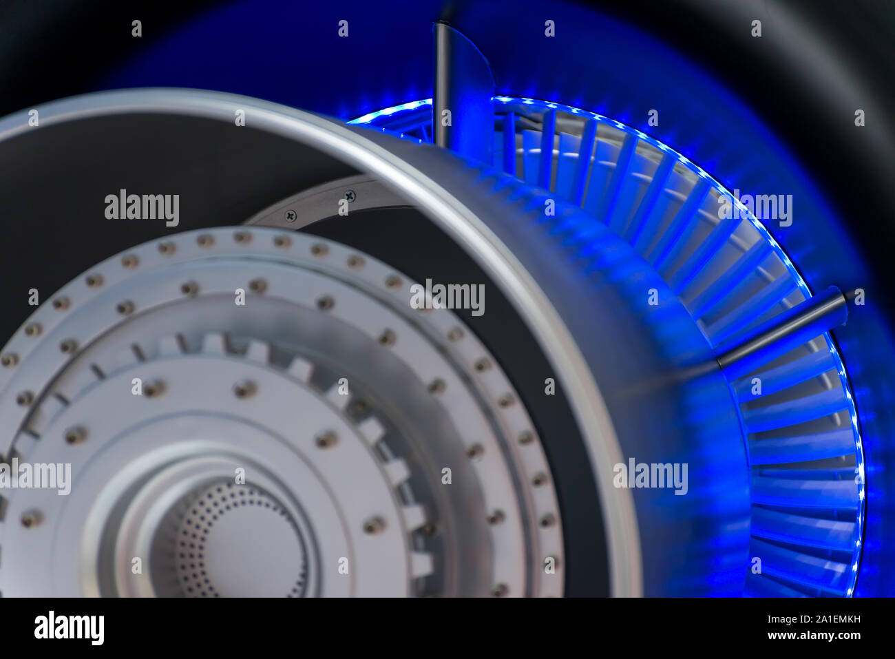Turbo-jet engine of the plane on close up. Blue light Stock Photo - Alamy