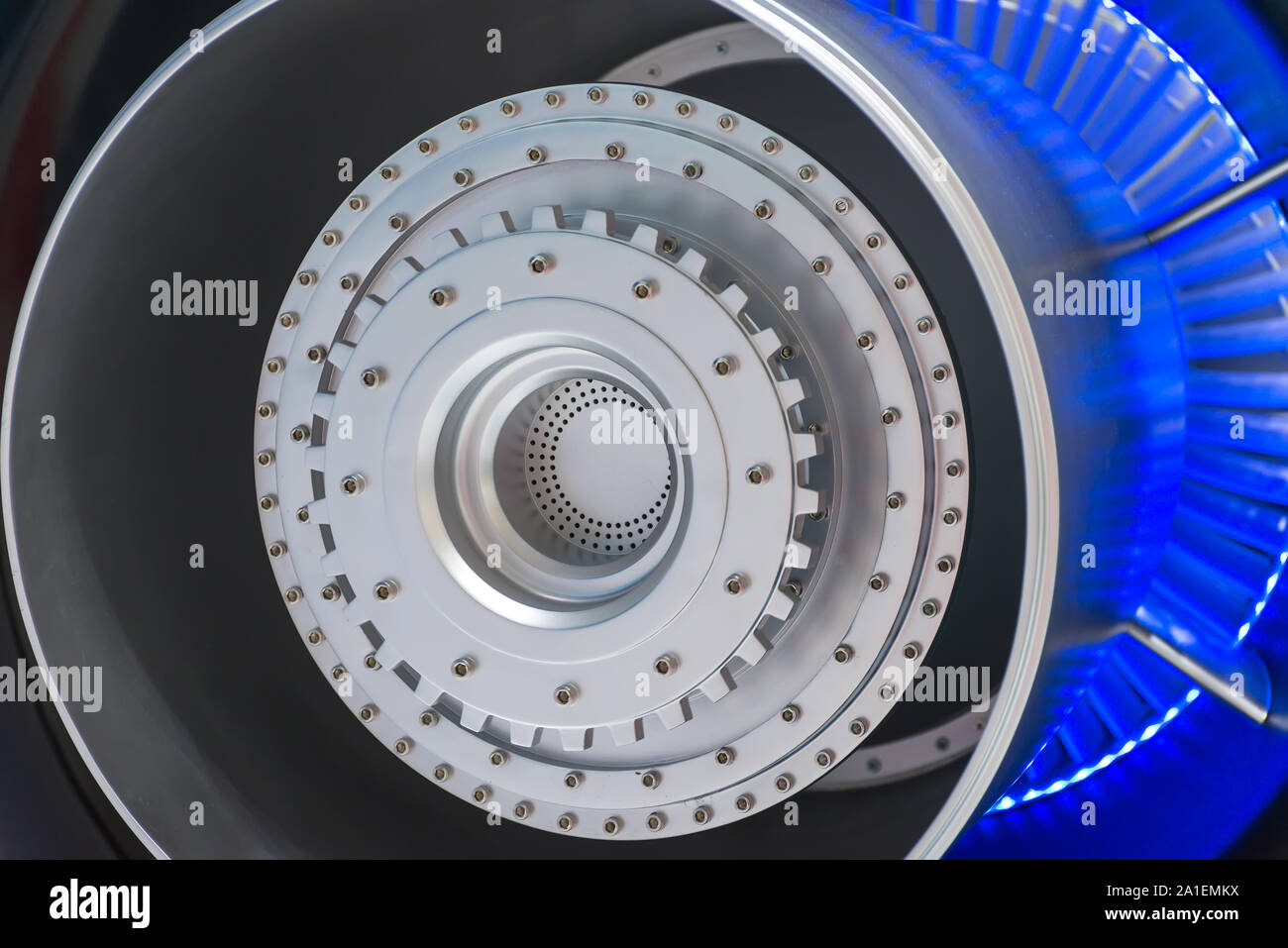 Turbo-jet engine of the plane on close up. Blue light Stock Photo - Alamy
