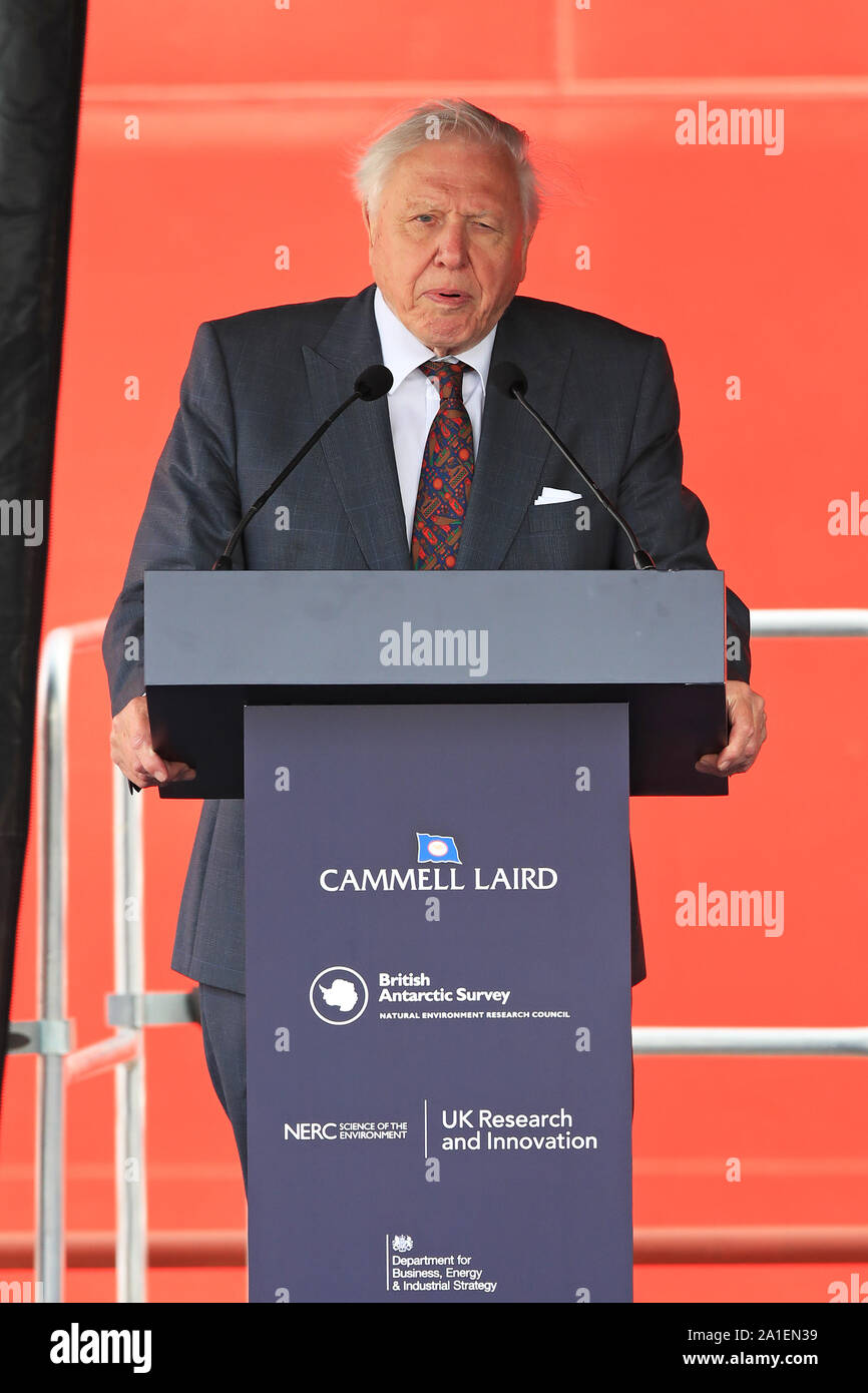 Sir David Attenborough speaks during the naming ceremony of the polar ...