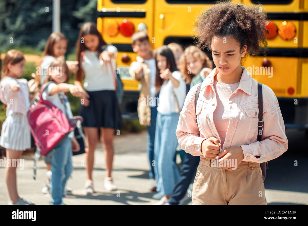 Group of children classmates going to school by bus african girl ...