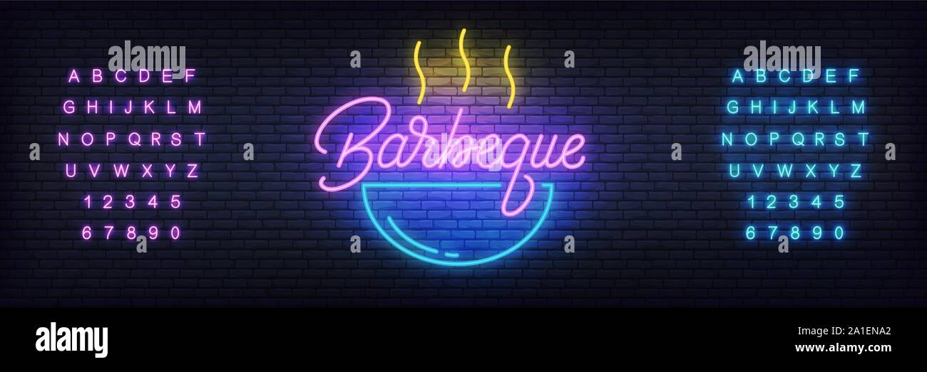 Barbeque neon vector glowing sign. Bright lettering label for bbq or ...