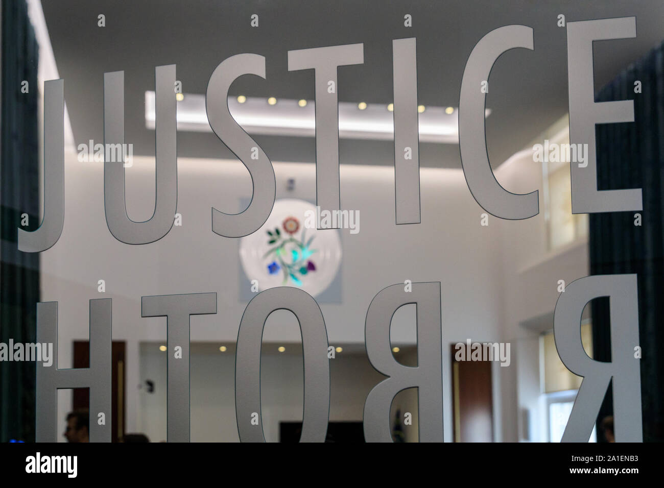 Interior glass wall with 'Justice' inscription, Court 2 of the Supreme ...