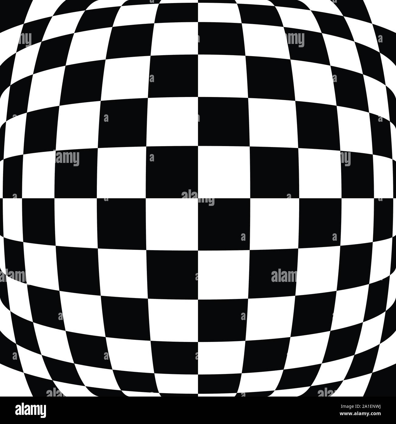 3d bulging, convex, globular, protuberant distortion, deformation on checkered, black and white ...