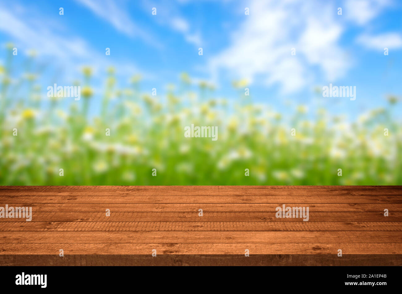 Wood Table with Blurred Nature Background Stock Photo - Alamy