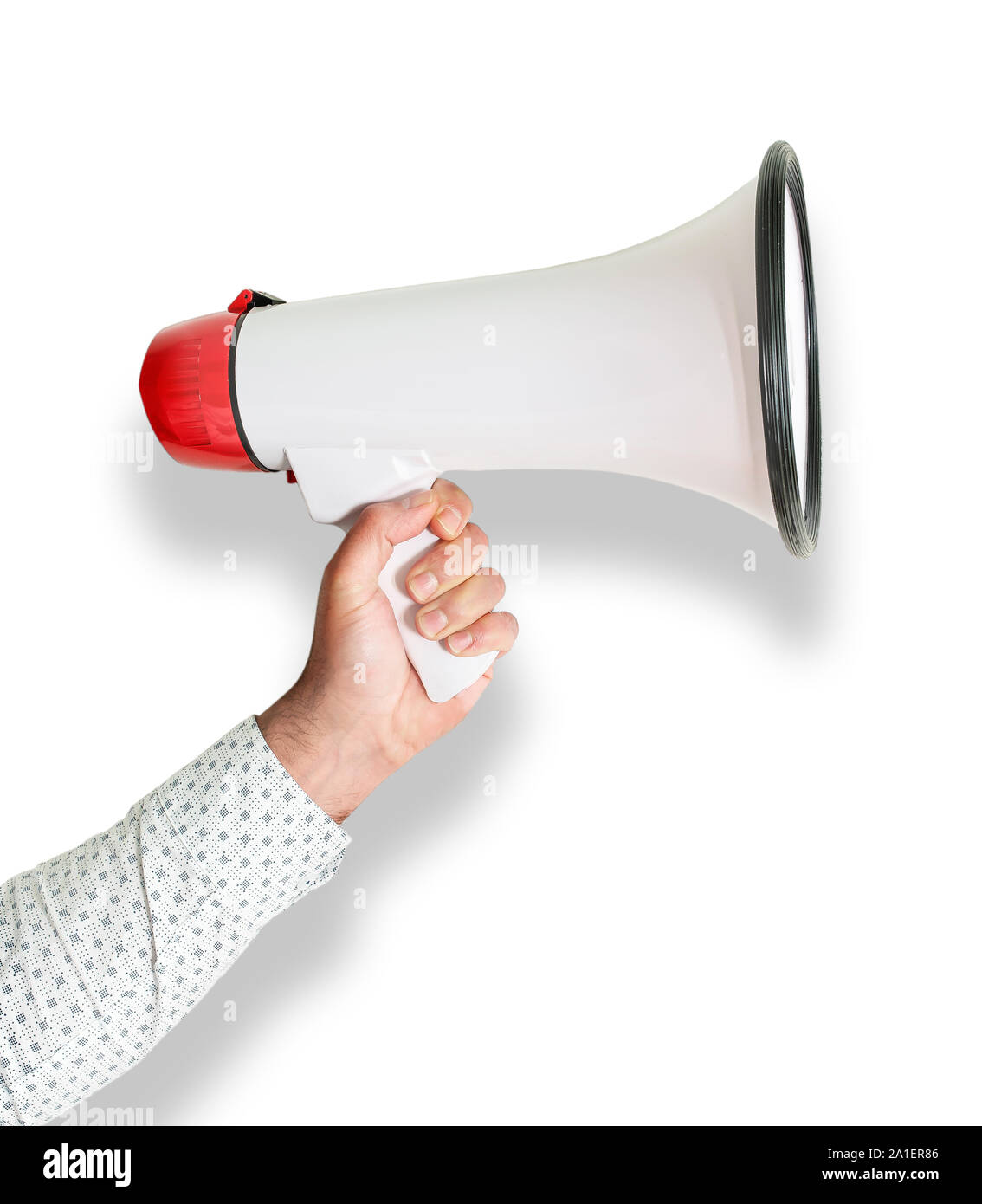 close-up of hand holding megaphone or bullhorn with shadow isolated on ...