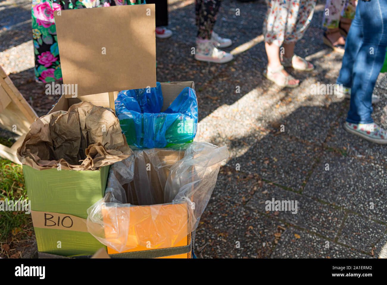 Improvised paper trash bins for recycling at outdoor event Stock Photo ...
