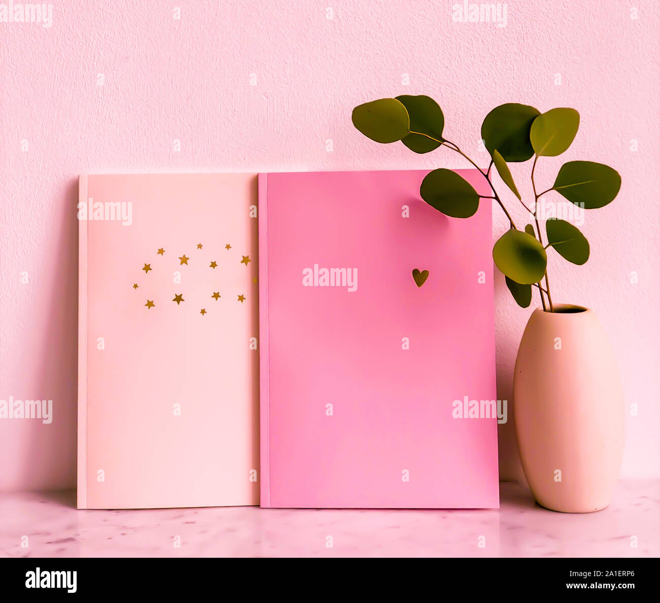 Creative flat lay photo of workspace desk two blank mockup books with ...