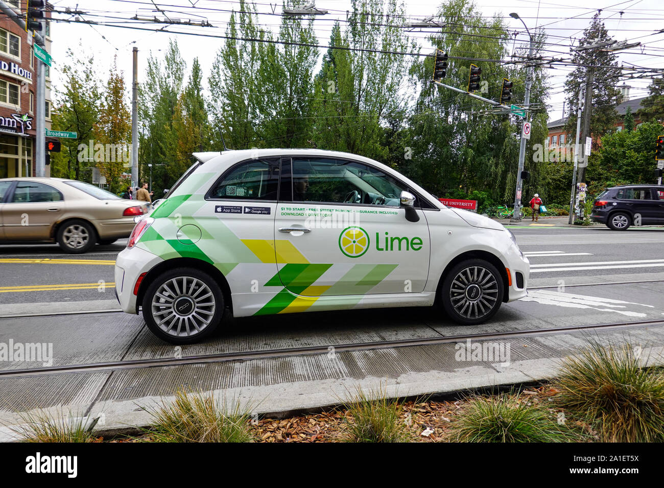 Seattle, WA/USA-9/15/19: Lime car rental called limepod a trail service ...