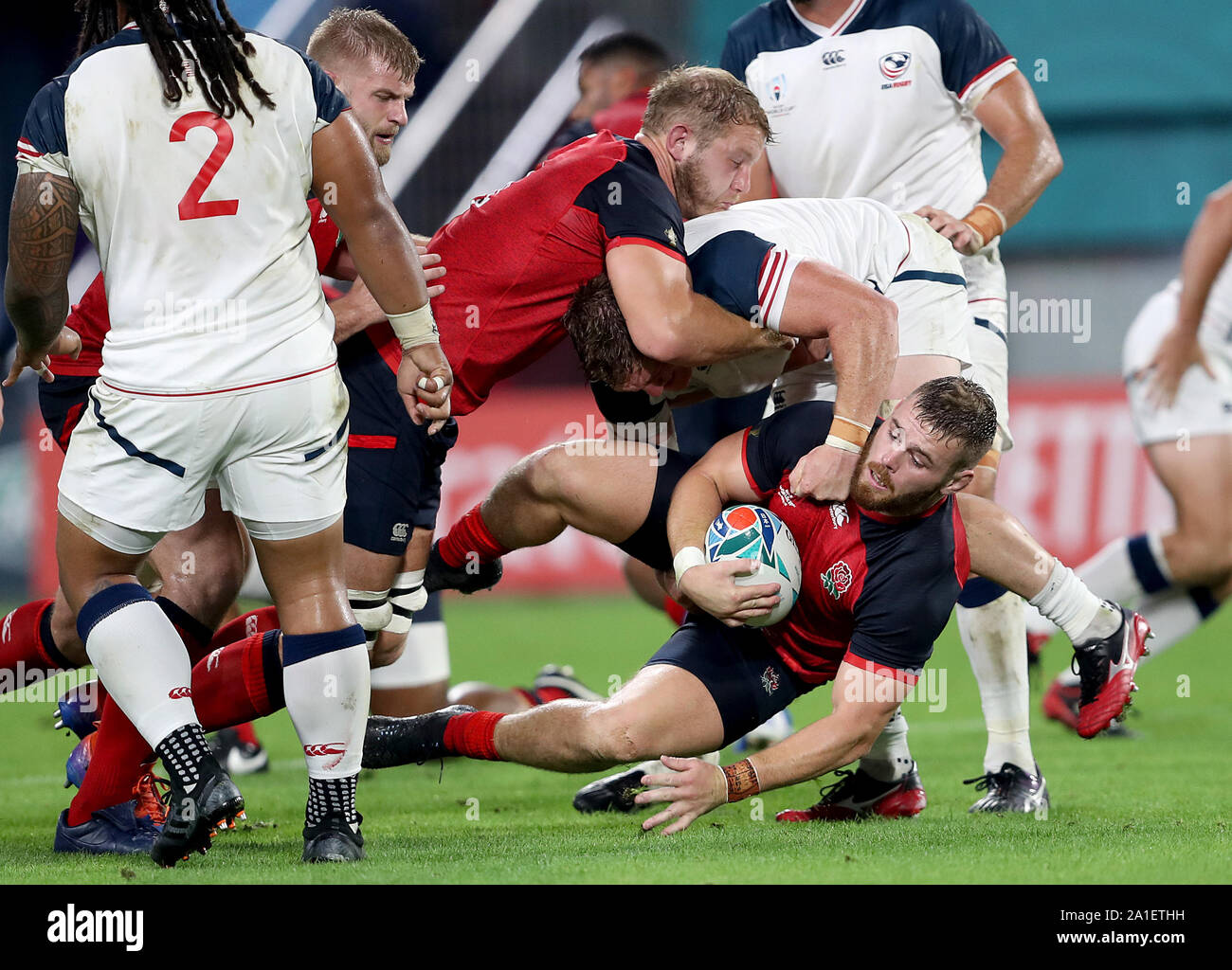 England's Luke Cowan-Dickie (bottom) in action during the 2019 Rugby ...