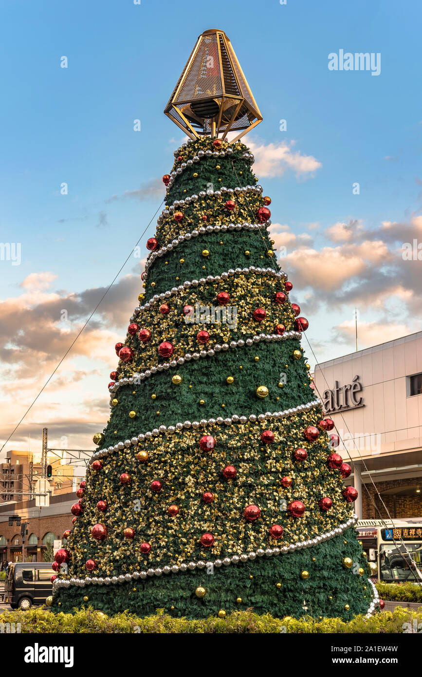 Giant christmas tree on the rotary place of Kichijouji station in Tokyo ...