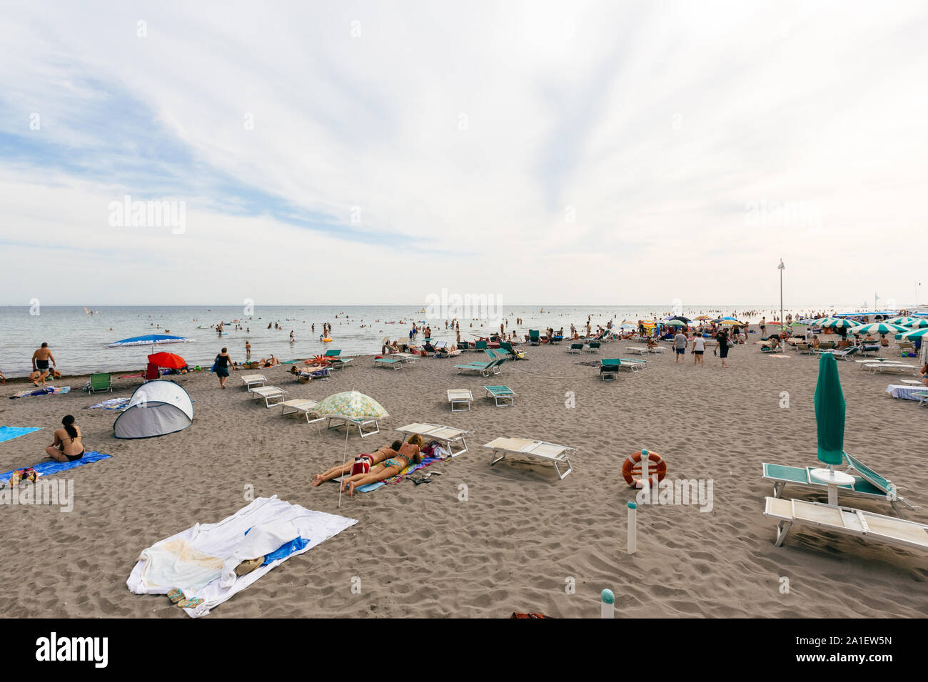 JULY 22, 2019 - GRADO, ITALY - Bathing beach of the upper Adriatic sea ...