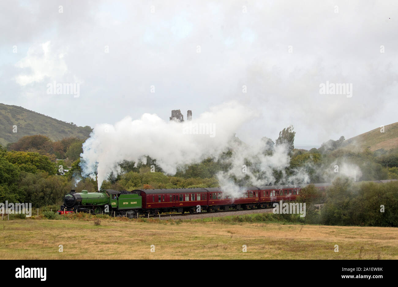 The B1 Class steam locomotive 61306 Mayflower passes Corfe Castle as it ...