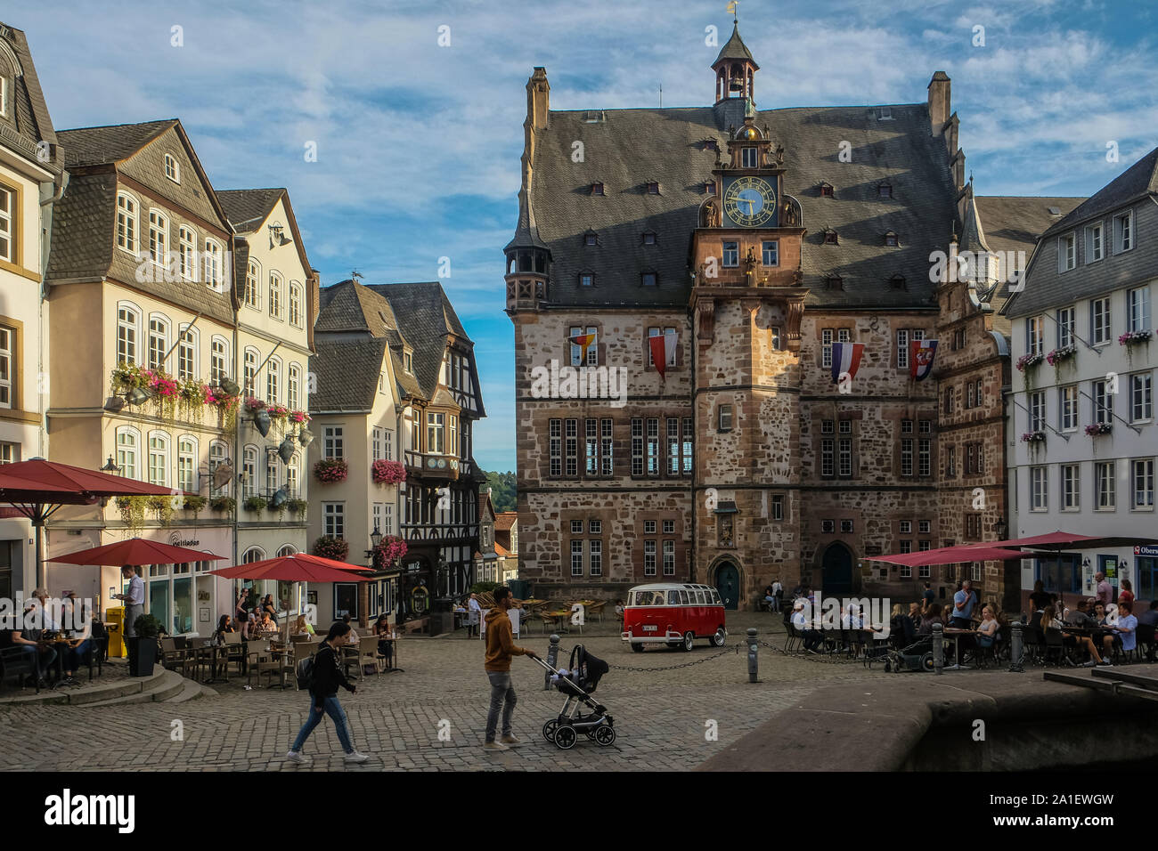 Historic City Center of Marburg at the river Lahn, Hesse, Germany with ...